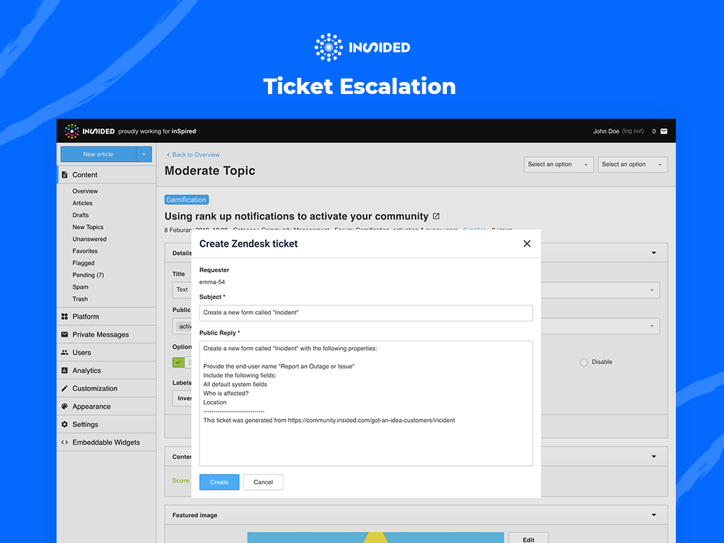 inSided - Ticket Escalation App Integration with Zendesk Support
